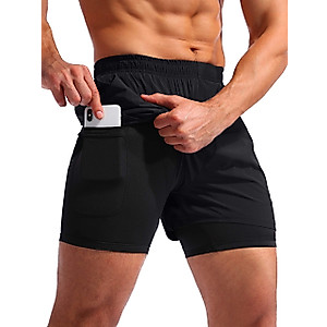 Pudolla Men’s 2 in 1 Running Shorts 5" Quick Dry Gym Athletic Workout Shorts for Men with Phone Pockets(Black Medium)