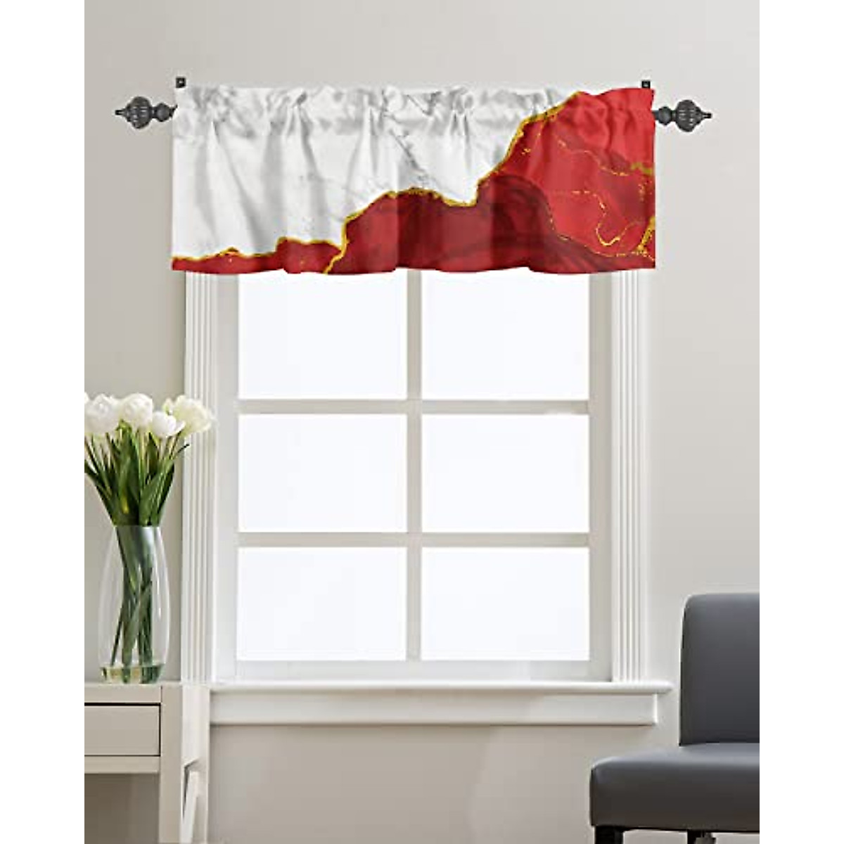 Curtain Valance for Windows Red White Gradient Marble Gold Edge Kitchen Valances Rod Pocket Short Curtains,Simple Abstract Art Window Treatment Panel for Living Room Bathroom Bedroom 60x18in