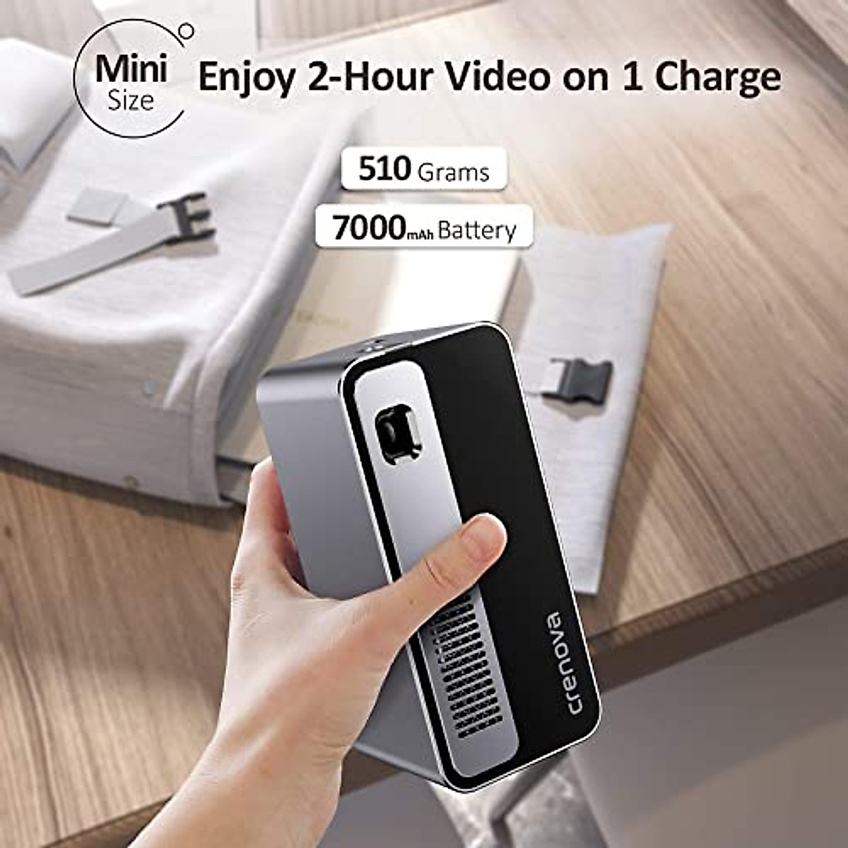 Crenova WiFi Projector with Bluetooth,170 ANSI Lumen Home Projector, Portable Mini DLP Projector 1080p Supported with 7000 mAh Built-in Battery & ±45°Auto Keystone for iPhone, Android,iPad, PS4, PC