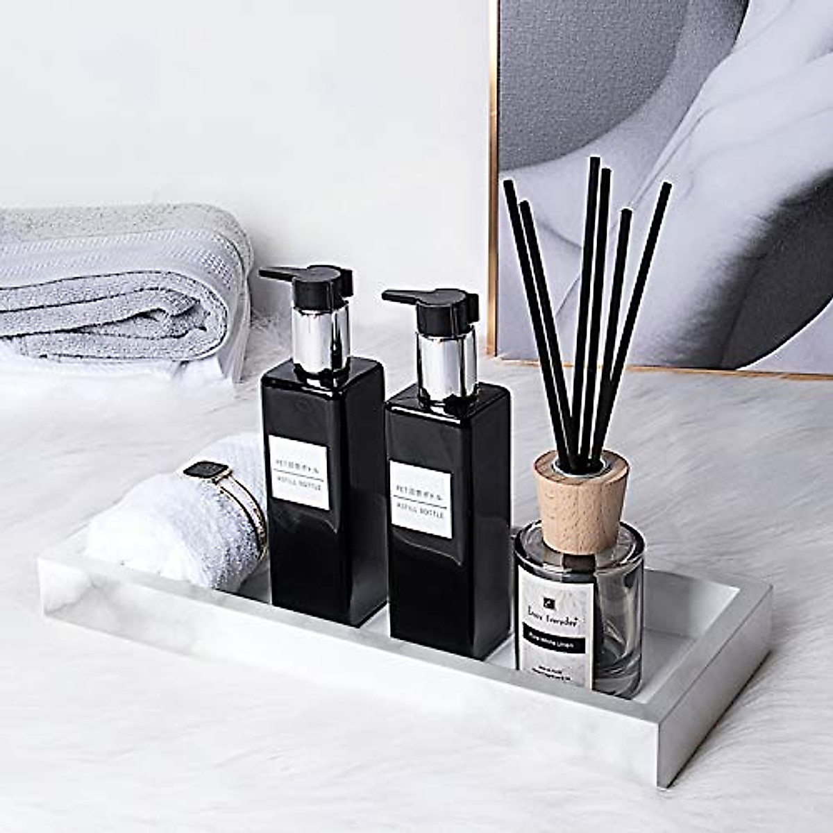 PLYFUNS Vanity Tray, Mini Bathroom Kitchen Resin Vanity Tray Cosmetic Organizer Jewelry Ring Dish Holder for Towel/Plant/Jewelry - White Marble