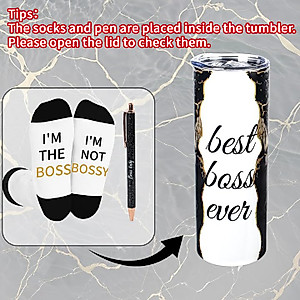 4 PCS Best Boss Lady Gifts Thank You Gifts for Women Includes 20 Oz Black Marble Tumbler Cotton Socks A6 Notepad with Ballpoints, Appreciation Day Boss Day Office Leader Christmas Gift