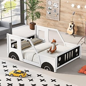 MERITLINE Kids Floor Bed Full Car-Shaped Platform Bed with Wheels, Wooden Full Bed Frames with Doors and Windows, Full Car Bed with Slat Support for Kids Boys Girls, White
