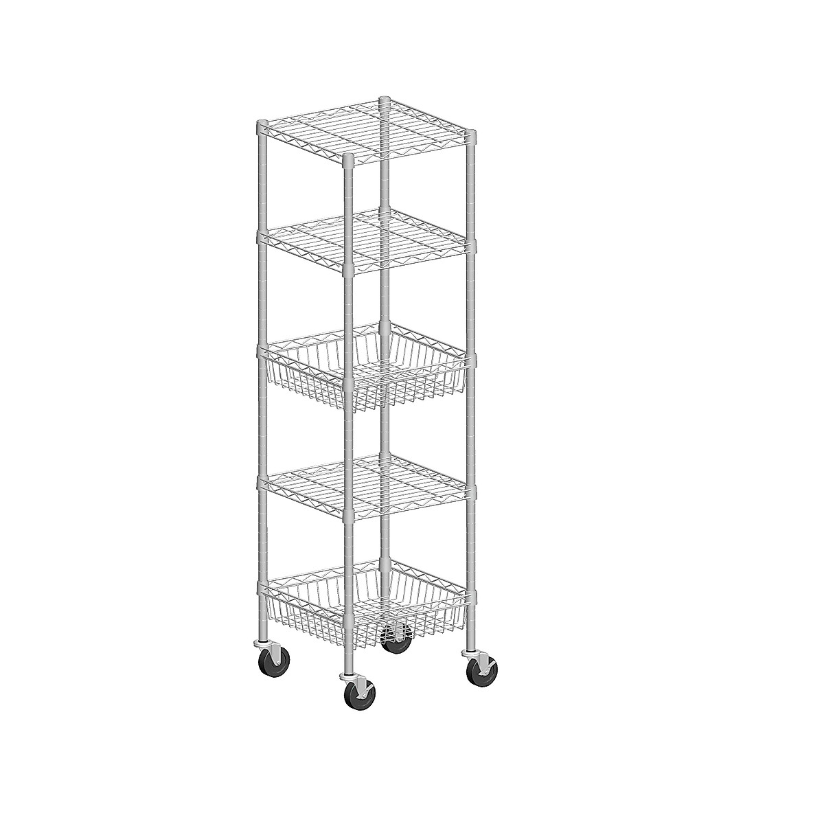 Home Storage Space HSS 5 Tier Wire Shelving Tower with Casters, 16 inch x16 inch x53.7 inch H, Chrome