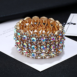 CrazyPiercing Crystal Wedding Bracelet, Gold Tone Stretch Rhinestone Bridal Bracelet, Rhinestone Bangles Statement Wedding Bracelet Jewelry for Women