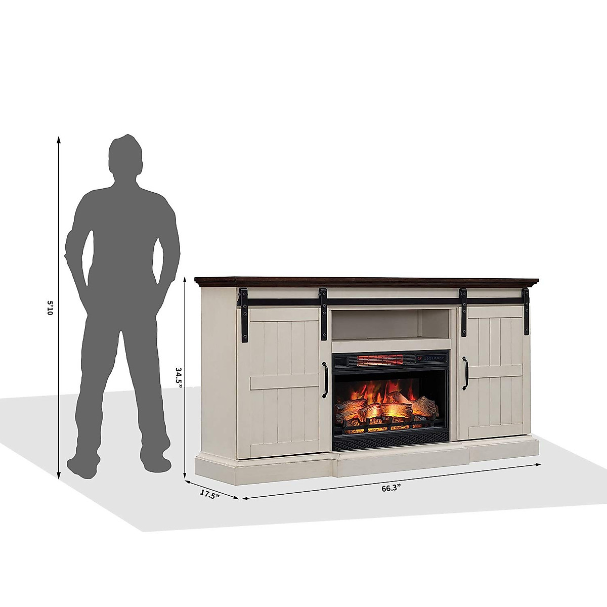 ClassicFlame Hogan 66" Farmhouse Fireplace TV Stand & 26" Electric Infrared Firebox with Log Set - Weathered White, 26MM90273-W476 & 26II042FGL