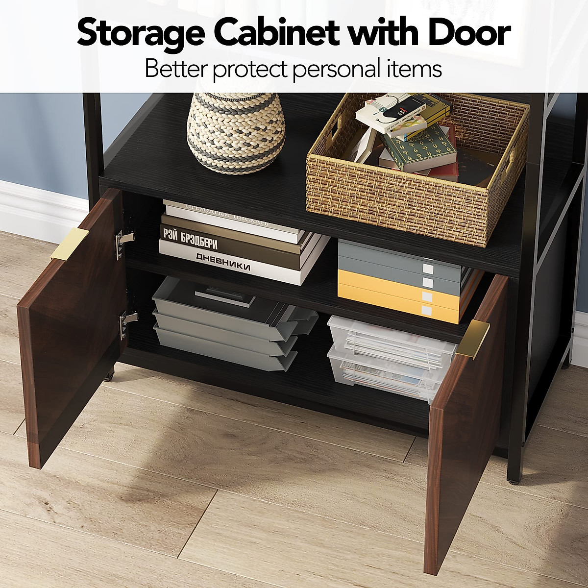 Tribesigns 2PC Bookshelf with Door, 75.9 Inch Tall Etagere Bookcase with Storage Cabinet Shelf, 4-Tier Display Shelf for Bedroom Living Room (Black, 2PC)