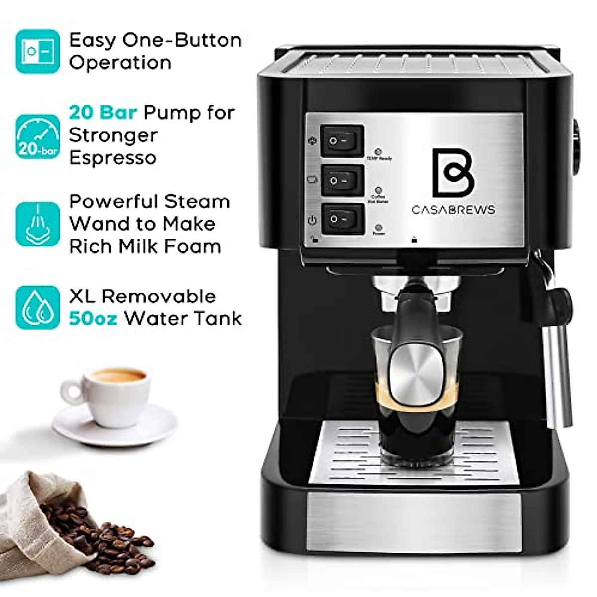 CASABREWS 20 Bar Espresso Machine, Professional Espresso Coffee Maker with Milk Frother Steam Wand, Compact Cappuccino Machine and Espresso Maker with 50 oz Water Tank for Latte, Gift for Men or Women