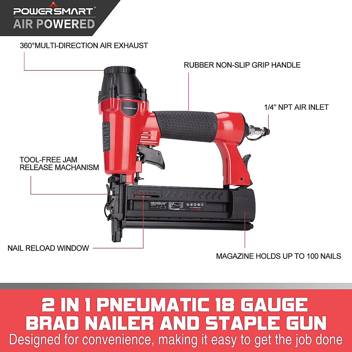 Pneumatic Brad Nailer, POWERSMART 2 in 1 Nail Gun and Crown Stapler with Safety Glasses, Compatible with 5/8” up to 2” Nails, 18 Gauge Brad Gun for Upholstery, Carpentry and Woodworking Projects