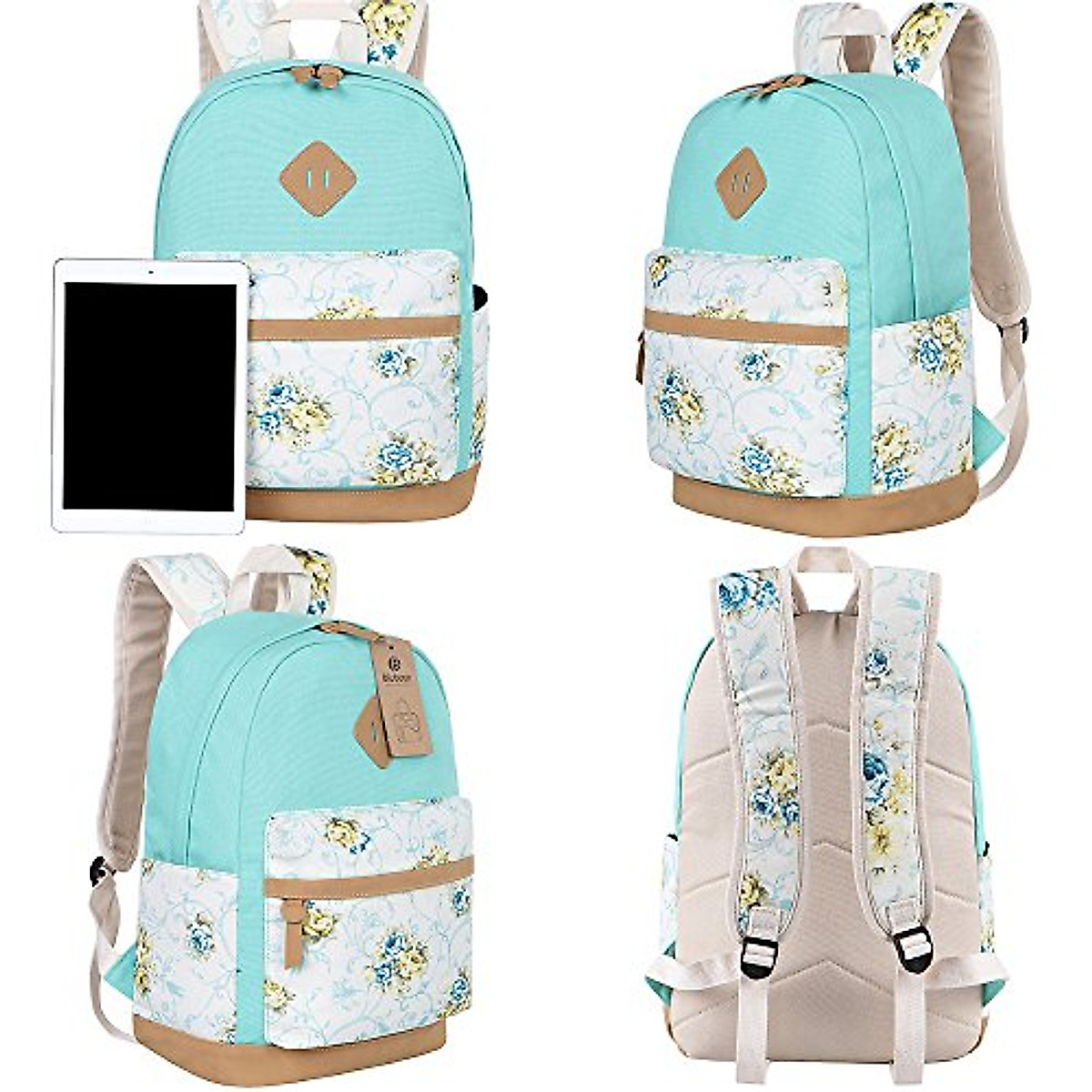 Bluboon Canvas School Backpack Set 3 Pieces Lightweight Teen Girls Bookbags Insulated Lunch Bag Pencil Case (Water Green-flower)