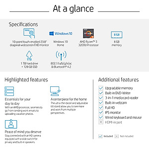 HP 24-Inch All-in-One Computer, AMD Ryzen 3 3200U, 8GB RAM, 1TB Hard Drive, Windows 10 (24-F1040, White)