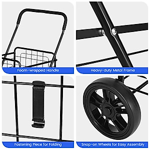 COSTWAY Folding Shopping Cart, Heavy Duty Grocery Utility Cart with Foam Wrapped Handle & Large Wheels, Versatile Rolling Cart with 22 Gal Metal Basket for Warehouse, Supermarket & Laundry