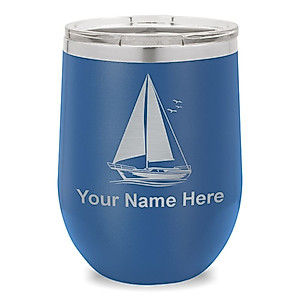SkunkWerkz Wine Glass Tumbler, Sailboat, Personalized Engraving Included (Dark Blue)