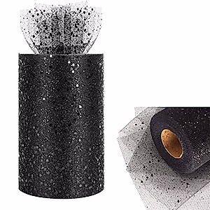 Glitter Tulle Rolls, 6” by 50 Yards (150FT) Sparkling Tulle Spool Ribbon Sequin Tulle Netting Fabric for Tutu Skirt Wedding Birthday Baby Shower (Black)