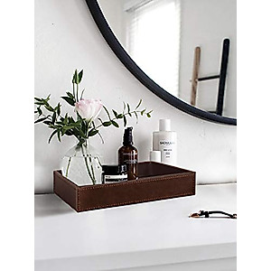 HofferRuffer Decorative Vanity Tray, Desktop Storage Organizer, Catchall Tray, Valet Tray, Nightstand or Dresser Organizer, PU Faux Leather Bathroom Tray, Brown, 10.2 x 8.4 x 1.8 inches