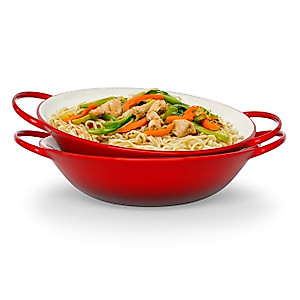 KooK Stir Fry Bowl, Wok Dish, Classic Thai, Ceramic Mini Wok, Stoneware Serving Bowls, For Soups and Pastas, Oven, Dishwasher and Microwave Safe, Cherry Red, 40 oz, Set of 2