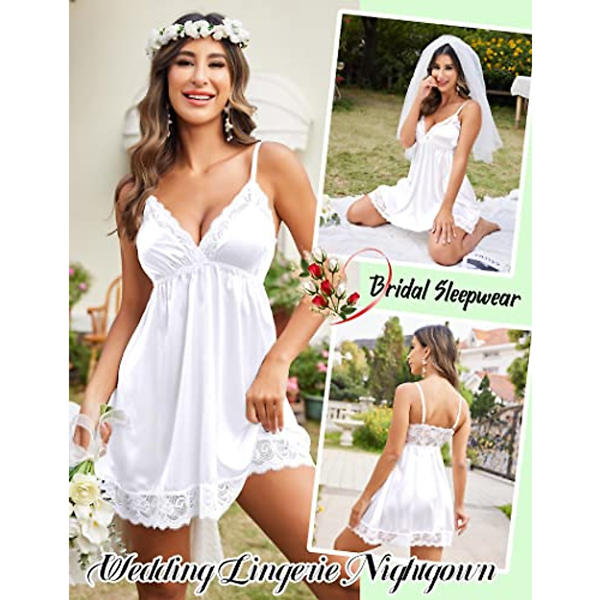 Avidlove Women Satin Lingerie Nightgown Sexy Silk Nighty Lace Babydoll Chemise White M