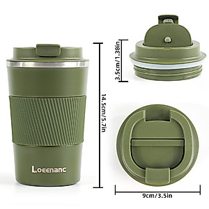 LOEENANC 12oz Travel Mug, Insulated Coffee Cup, Leak Proof, Anti-skid, Thermal Insulation For Over 8 Hours, Easy To Clean, Reusable Stainless Steel Double Deck Coffee Cup。