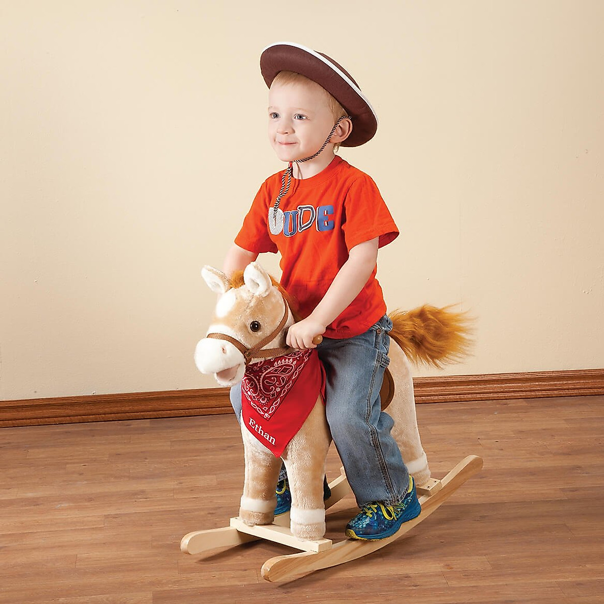 Personalized Animated Rocking Horse with Sounds, Customized Ride-On Pony with Wooden Base