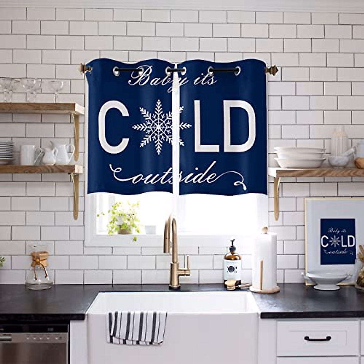 LBDEKOR Kitchen Curtain 39 Inch Length, Christmas Grommet Curtain for Kitchen Winow Curtains Drapes for Living Room Bedroom Bathroom Window Treatment 2 Panels Set Cold Winter Snowflakes Blue Backdrop