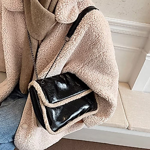 Mudono Shoulder Bag for Women Soft Glossy Crossbody Bag Square Purse Handbag with Faux Shearling Trim and Chain Strap