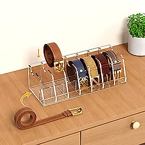 FEMELI Belt Organizer, Acrylic Clear Belt Case Storage Holder for Closet and Drawer, 7 Compartments Belt Box Container with Display Stand