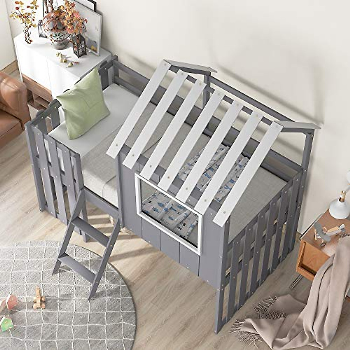 Twin Loft House Bed for Kids, Wooden Loft Beds with Rustic Fence-Shaped Guardrail/Ladder/Window/Roof for Teens Boys & Girls Bedroom (Gray-Loft House Bed)