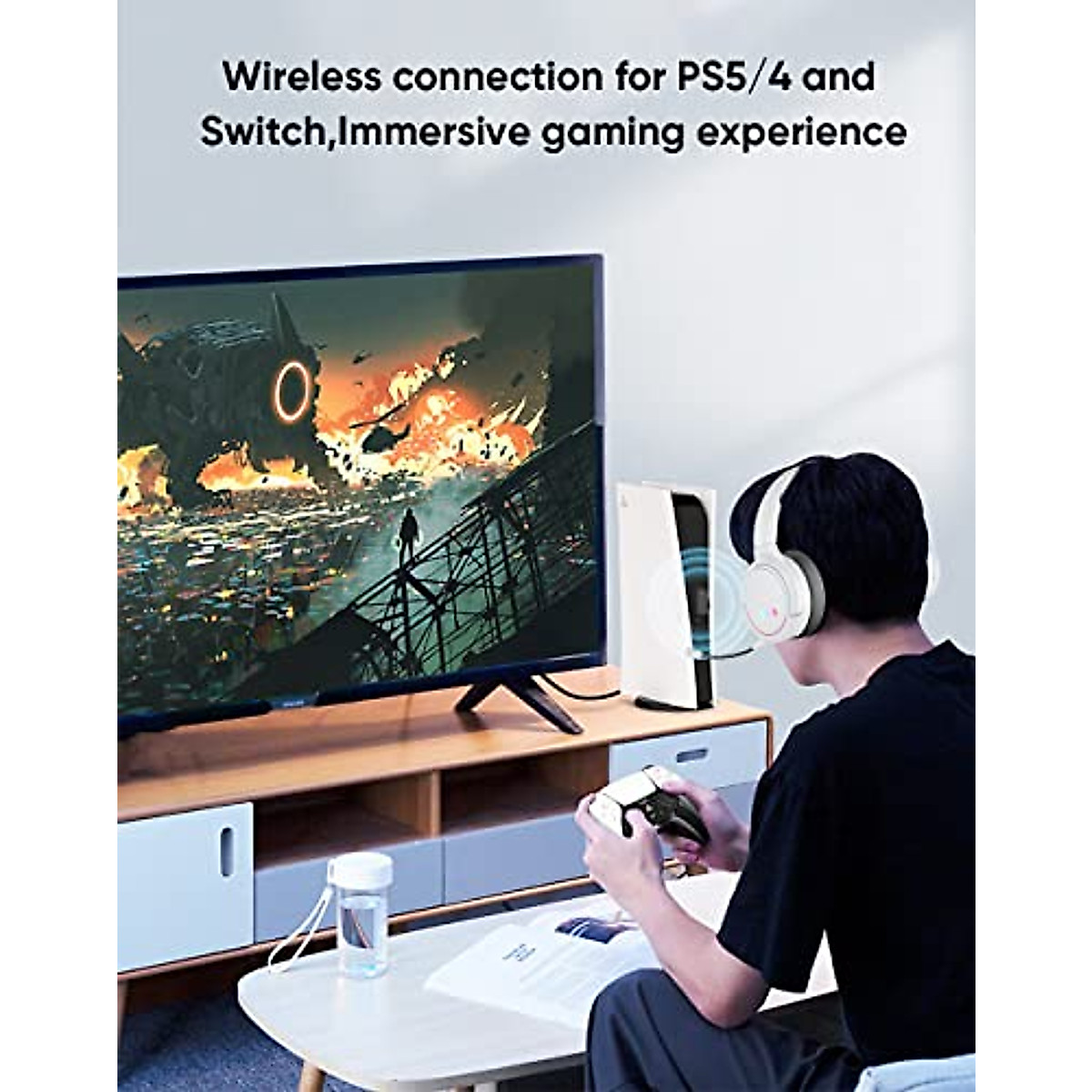 Meseto Wireless Gaming Headset with Microphone, Gaming Headset Stereo Surround Sound, Foldable Headset with Comfortable Protein Earpads, Wireless for PS5, PS4, PC, Mac, Android and Switch - White