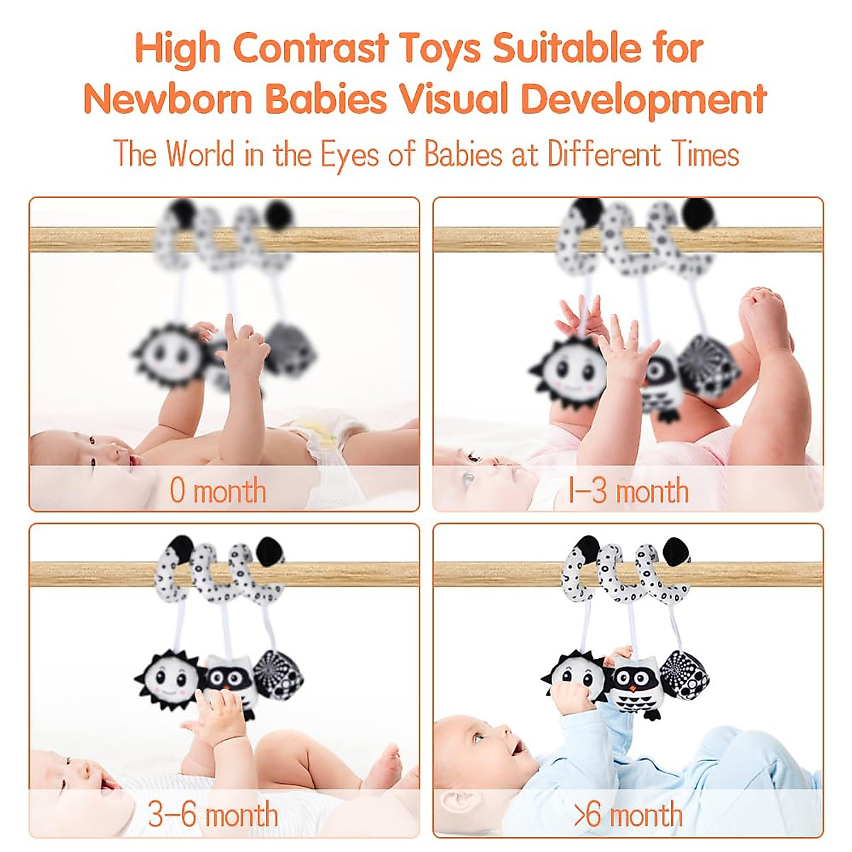 Hanging Toys for Car Seat Crib Mobile, Infant Baby Spiral Plush Toys for Crib Bed Stroller Car Seat Bar - Black and White Color Toy with Rattles Owl BB Squeaker Sun