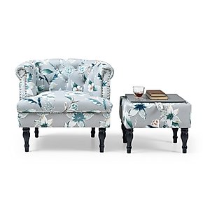 Upholstered Velvet Accent Chair with Ottoman Set for Living Room Modern Button Tufted Arm Chair and Storage Ottoman with Tray Contemporary Single Sofa Reading Chair Footrest Stool (Flower)
