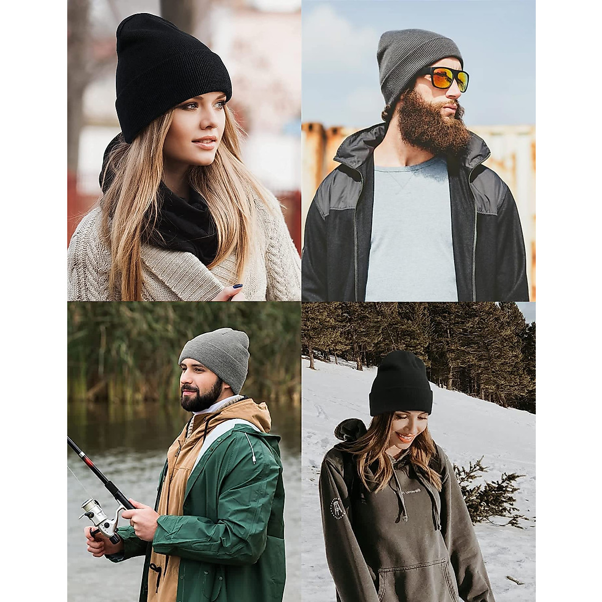 2-Pack Men's Standard Daily Beanie Hat Classic Cuffed Plain Skull Knit Winter Cap for Men & Women Warm Snug Slouchy Soft Headwear Unisex (Black&Dark Grey 2pcs)