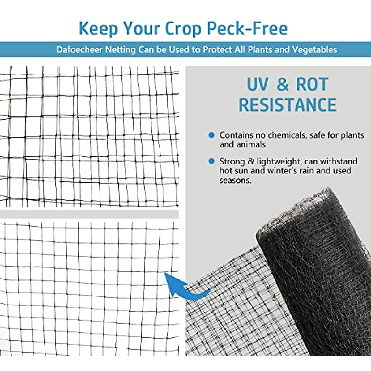 Dafoecheer Bird Netting - 7 x 65 FT Heavy Duty Garden Netting Deer Fence Net for Vegetables, Plant and Fruit Trees Against Birds, Deer and Other Animals