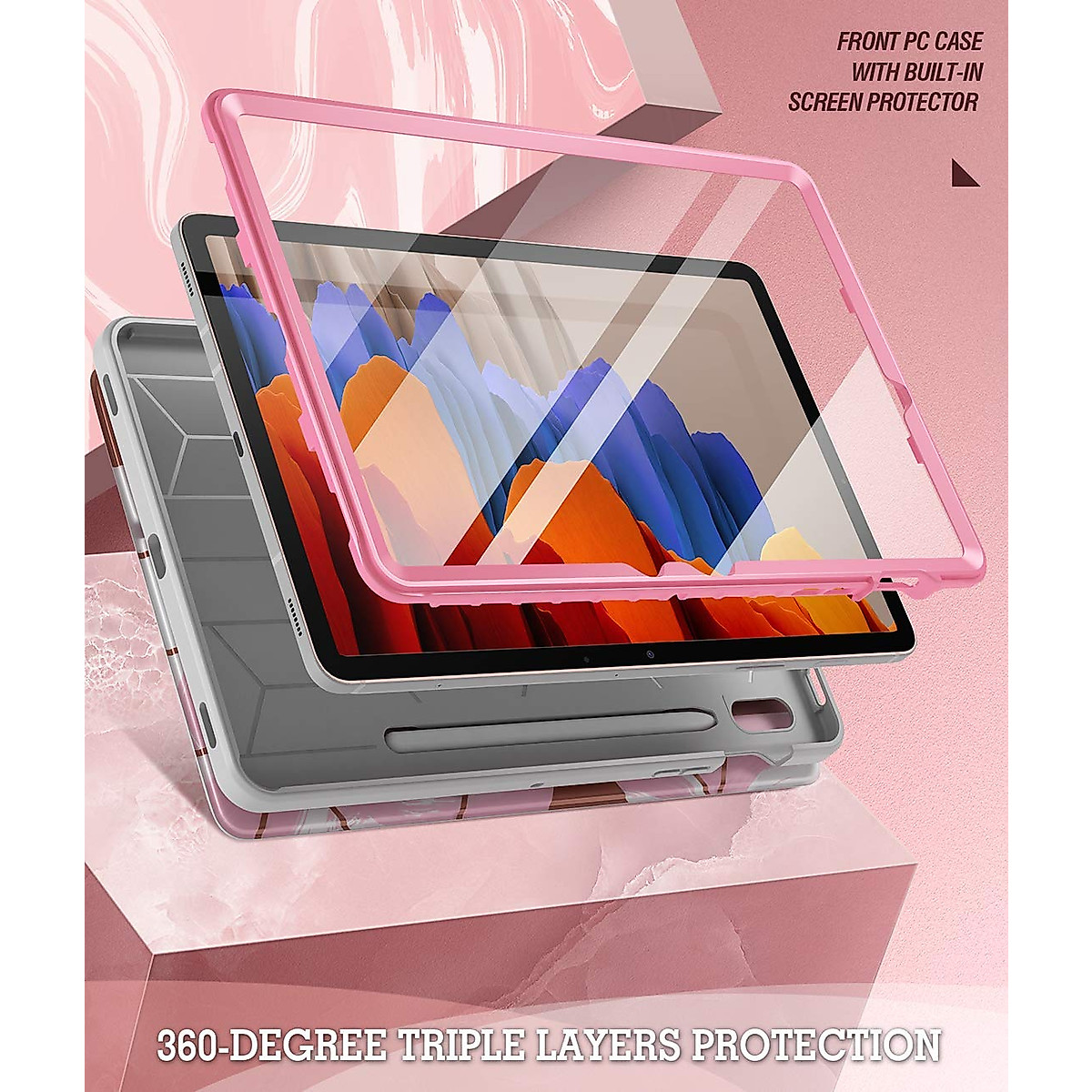 Popshine Marble Series Designed for Samsung Galaxy Tab S7 / S8 Case, Full Body Premium 360 Degree Protective Folio Cover with Built-in Screen Protector, Liquid Marble Pink