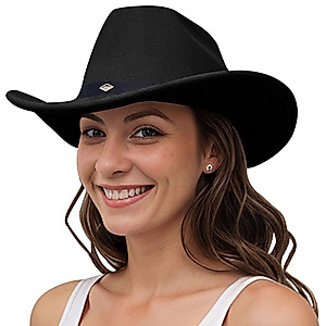 Lanzom Women Men Classic Felt Wide Brim Western Cowboy Hat Cowgirl Hat with Buckle(Black,Medium)
