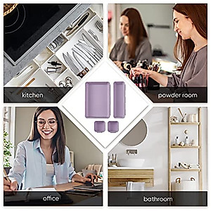 Purpeak 32 Pcs Desk Drawer Organizer Office Organization Tray Versatile Vanity Organizer with Nonslip Pads Makeup Organizer for Divider Drawer Storage Box Container for Kitchen Bedroom (Purple)