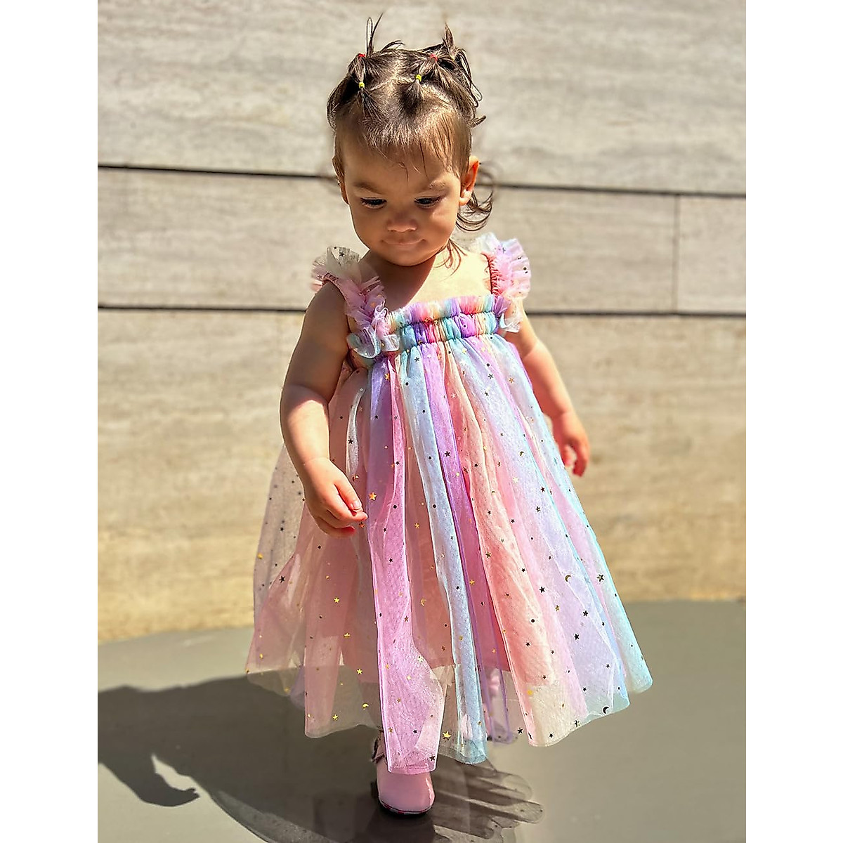 AGQT Toddler Girls Tutu Dress Sleeveless Kids Tulle Tutu Dress Birthday Party Babydoll Dresses Sequin Star-Pink Size 2-3T