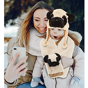 DolliBu Pug Dog Plush Hat and Scarf Set – Super Soft Pug Dog Stuffed Animal on Hat and Scarf, Cozy Winter and Snow Accessories for Kids and Adults–One Size