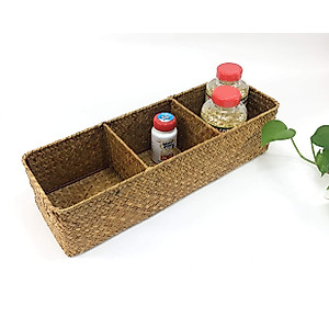 3-Section Larger Toilet Tank Topper Paper Basket,Hand-woven Seagrass Storage Rectangular Basket and Home Organizer Bins,Natural Water Hyacinth Basket (brown middle)