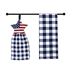 Celebrate Patriotic Kitchen Towels, Set of 2 Coordinating Cotton Terry Dishtowels, Red, White, Blue Flag Star Tie Top and Blue White Buffalo Plaid for 4th of July, Memorial or Labor Day