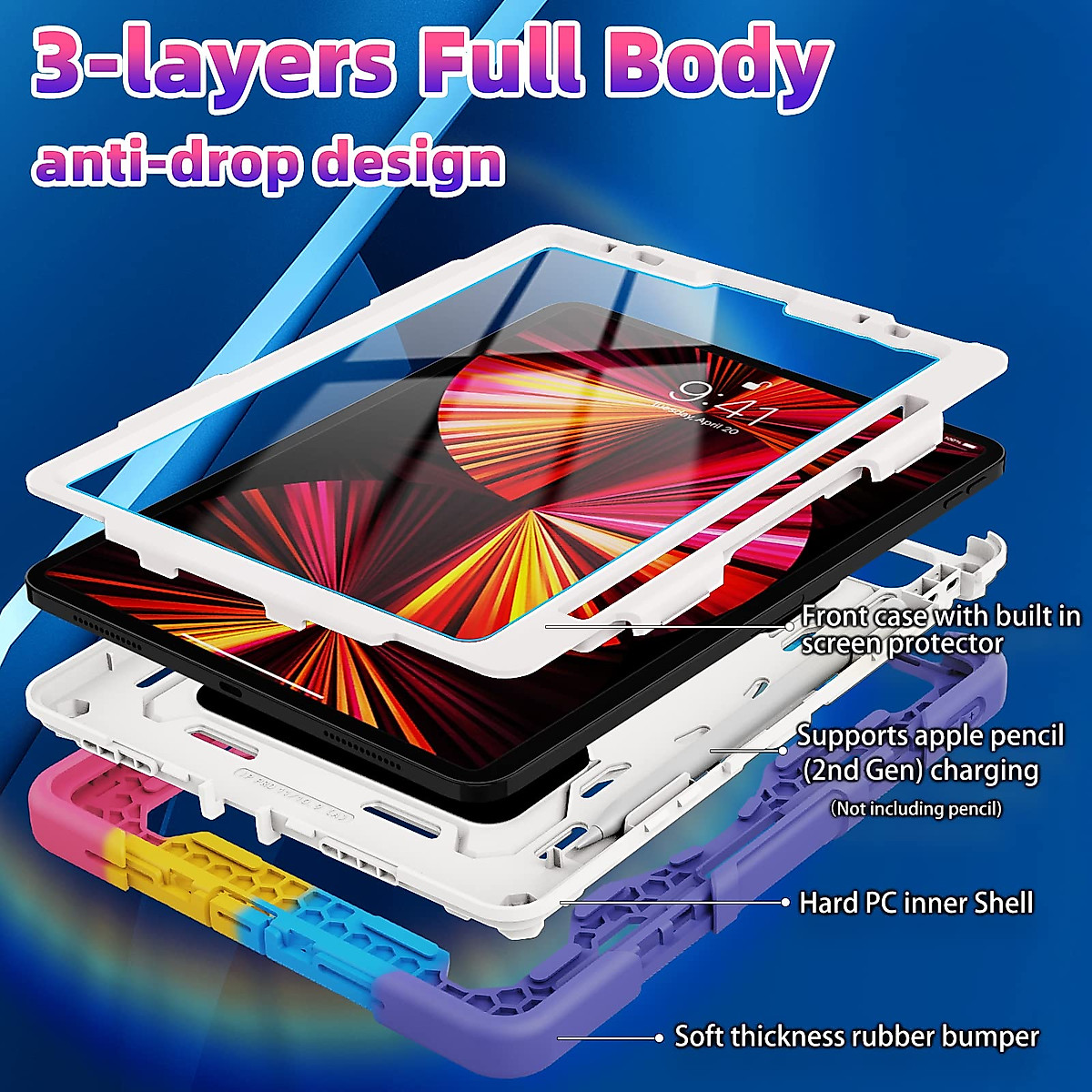 ROISKIN for iPad Pro 12.9 -Inch Case (6th, 5th, 4th & 3rd Gen)with HD Screen Protector, 360 Stand, Handle, Pencil Holder,Shoulder Strap[15ft Drop Protection]Rugged Bulky Full Body 12.9 iPad Pro Case