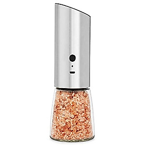 Rechargeable Electric Pepper Grinder, Automatic Gravity Salt Mill with Adjustable Coarseness, Brushed Stainless Steel, Ceramic Blades and Refillable Glass (Silver grinder - 1 unit)