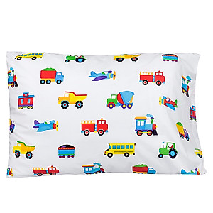Wildkin Kids 100% Cotton Twin Sheet Set for Boys & Girls, Bedding Set Includes Top Sheet, Fitted Sheet, and One Standard Pillow Case, Bed Sheet Set for Cozy Cuddles (Trains, Planes & Trucks)
