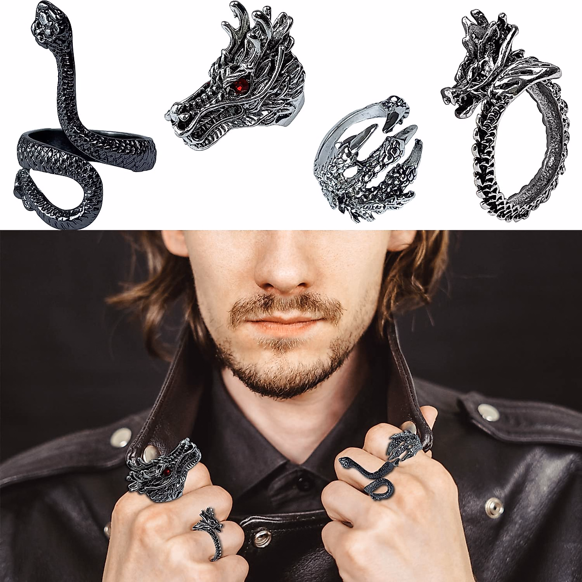 Gothic Ring 15Pcs Vintage Punk Rings for Men Women Snake Ring Dragon Open Rings Set Knuckle Stacking Ring Boho Finger Knuckle Rings