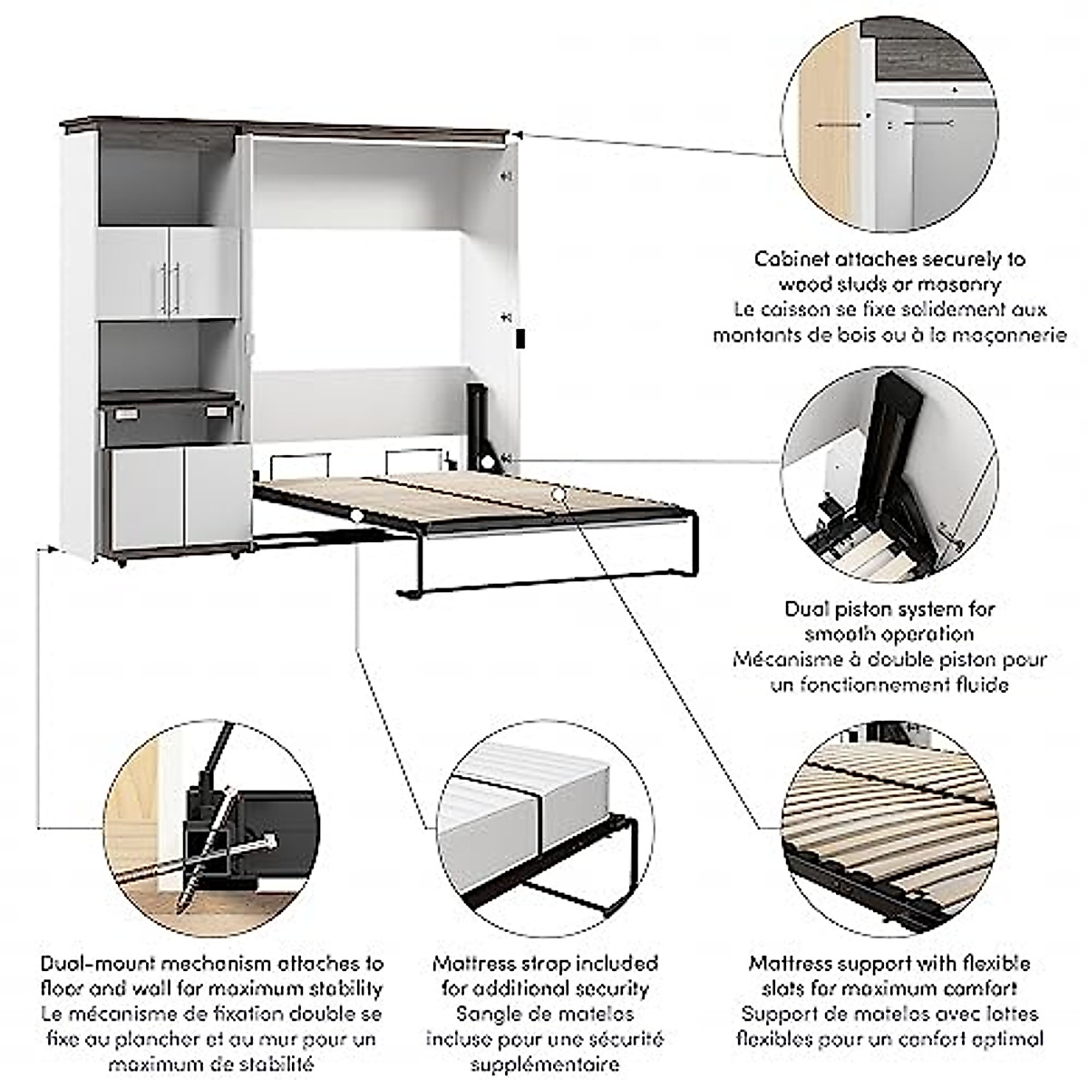 Bestar Orion Murphy Bed with Storage Cabinet and Fold-Out Desk (91W), Sleeping Arrangement with Work Surface, Full, White & Walnut Grey