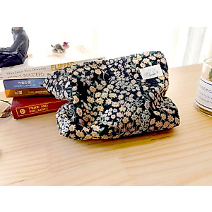 HAPPYHEIDI Women Aesthetic Travel Makeup Bag Accessory Zipper Pouch for Cosmetics, Purse Organizer, Embroidery Lucky Flowers Black