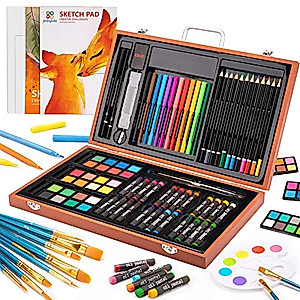 POPYOLA Art Supplies 94 Piece Wooden Paint Set for Painting, Sketching, Coloring Creative Portable Art Kit with Colored Pencils, Oil Pastels, Watercolor Cakes Art Set for Teens, Adults (Brown)