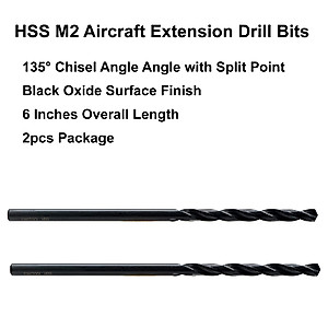 MAXTOOL 1/4"x6" 2pcs Identical Aircraft Extension Drills HSS M2 Extra Long Deep Twist Drill Bits Straight Shank Fully Ground Black; ACF02B06R16P2