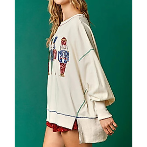 Glkaend Women's Cute Santa Christmas Sweatshirts Funny Graphic Lightweight Nutcracker Sequins Long Sleeve Pullover Hoodies,White,M