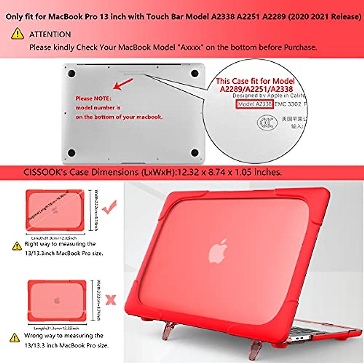 CISSOOK Shockproof Case for MacBook Pro 13 Inch 2023 2022 2021 2020 M2 M1 A2338 A2289 A2251 Model, Heavy Duty Hard Shell Case Dual Layer Cover with Fold Kickstand for MacBook Pro 13 - Red