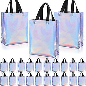Sadnyy 48 Pack Reusable Gift Bags with Handles Iridescent Gift Bags Bulk Metallic Goodie Bag Tote Bags Wedding(Holographic)