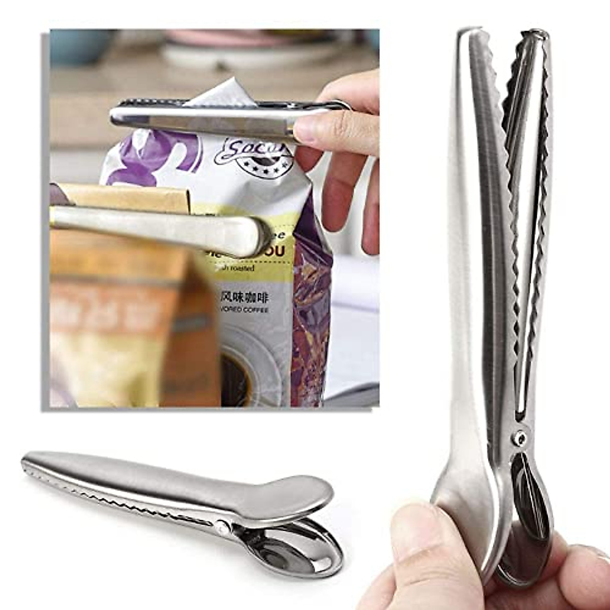 TAODAN Set of 6 Heavy Duty Stainless Steel Alligator Clips,Fresh-Keeping Clamp Jaw Sealing Clips Air Tight Seal Grip on Coffee & Food Bags